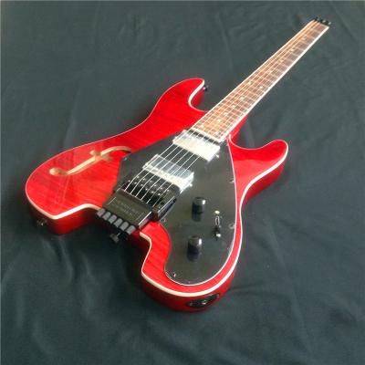China Custom Headless Electric Guitar 24 Fret Mahogany Body Rosewood Fingerboard Red Tiger Stripe for sale