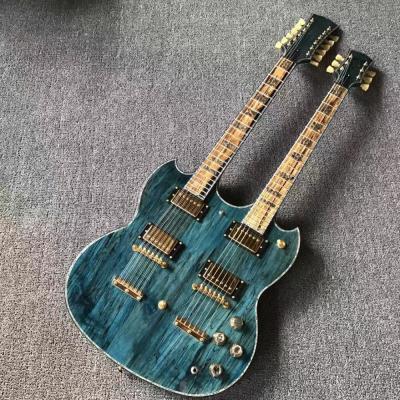 China Double Neck Electric Guitar Blue Mahogany Body 22 Fret Rosewood Fingerboard Shell Inlays for sale