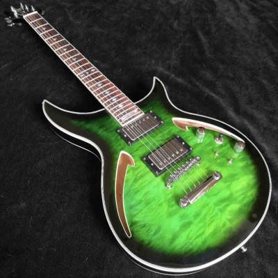 China Custom Hollow Body Electric Guitar AAA Quilted Maple Top Green Waves 22 Fret for sale
