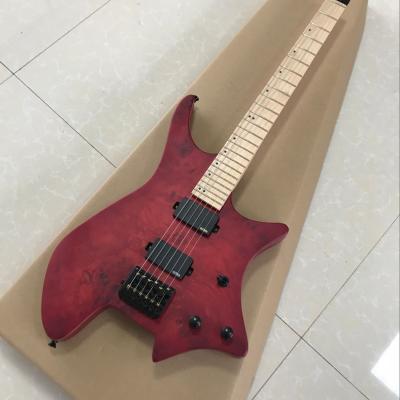 China GRAND Red Burst Headless Electric Guitar 24 Fret Maple Body Brazil Wood Bow Black Hardware for sale