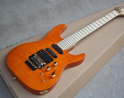 China Factory Custom Orange Electric Guitar Floyd Rose 22 Frets Basswood Body Gold Hardware Flame Maple Veneer for sale