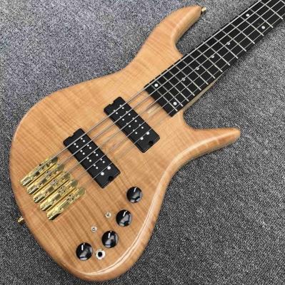 China Solid Flame Maple Top 5 String Electric Bass Ebony Fingerboard 22 Fret Gold Hardware Mahogany Body for sale