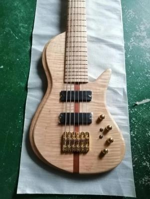 China Custom Flamed Maple Top 6 String Electric Bass Guitar Neck Through Body 24 Fret Active Pickup 940mm Scale for sale