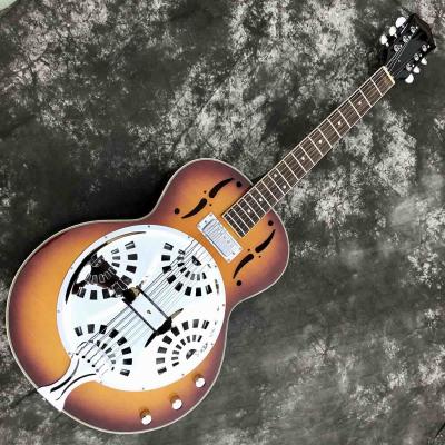 China Custom Cherry Burst Flamed Maple Top Dobro Resonator Steel Electric Guitar 24 Fret Mahogany Body for sale