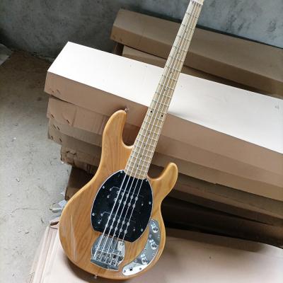 China Custom 5 String Electric Bass Natural Wood Ash Body Maple Fretboard 24 Fret Passive Pickup for sale