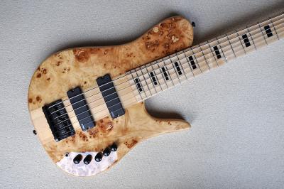 China Custom 6 String Neck Thru Body Electric Bass Guitar 24 Frets Active Pickup Maple Fretboard Natural Wood for sale
