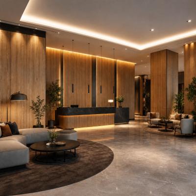 China 8mm Wood Grain PVC Wall Panel 600mm Wide Warm Oak for Hotel Lobby Reception Backdrop for sale