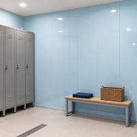China 600mm Wide High Gloss Ice Blue PVC Wall Panel for Indoor Pool and Spa Hydrotherapy Hall for sale