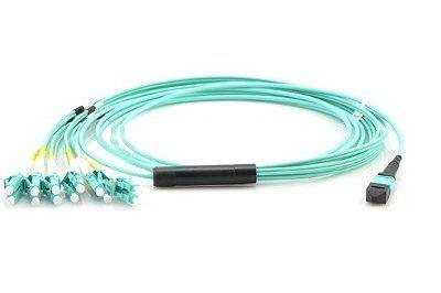 China OM3 Multimode Breakout MTP MPO Fiber Cable OFNR 10GB Aqua Jacket for sale