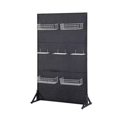 China Free Standing Exhibitions Metal Display Stand Peg Board Display Rack With Wheels for sale