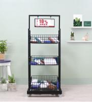 China Wheeled Supermarket Metal Retail Display Racks Steel 3 Tier Display Stand for sale