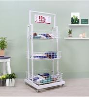 China Wheeled Supermarket Metal Retail Display Racks Steel 3 Tier Display Stand for sale