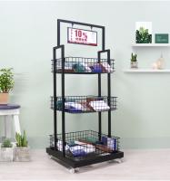 China Wheeled Supermarket Metal Retail Display Racks Steel 3 Tier Display Stand for sale