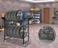 China 2 Layer Metal Display Stands Metal Rolling Garage Tire Storage Rack Shelving Polishing for sale