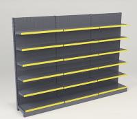 China 5 Tier Metal Display Rack Gondola Shelving Display Rack With Hooks For Grocery Store for sale