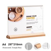 China Bottom Insert Clear Metal Poster Stand Tabletop Wood Base Acrylic Sign Holder for sale
