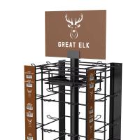 China Supermarket Rotating 88-Hooks Metal Grid Panel Car Coaster Display Stand Rack with Movable Wheels for sale