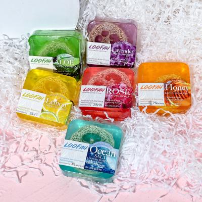 China 100g Handmade Glycerine Soap Multiple Fragrance Exfoliating Soap Bar Square With Embedded Loofah Pad for sale