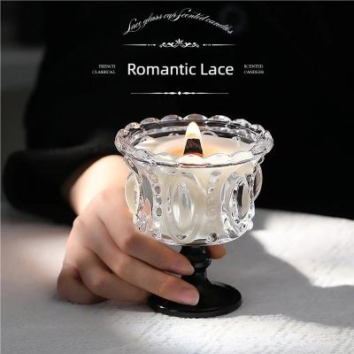 China 160g Soy Scented Candle Decorative Lace Glass Cup Candle For Gift Retail for sale