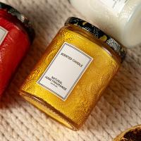 China Yellow / Red / White Soy Scented Candle Embossed Glass Jar Candles For Private Label OEM for sale