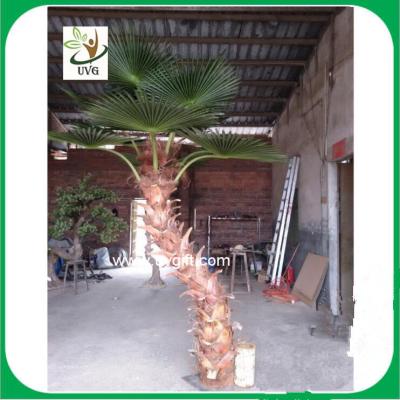 China Artificial Coconut Palm Tree UVG Silk Fan Leaves Curved Trunk 2.5m Height Hotel Decoration for sale