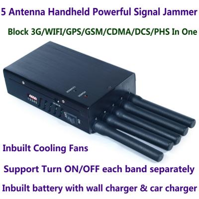 China 5 Antenna Handheld Cell Phone 3G WIFI GPS GSM CDMA DCS PHS Signal Jammer 20M Shield Radius for sale