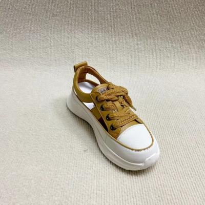 China Yellow Leather Flat Sandals With Round Head Lace Up For Summer for sale