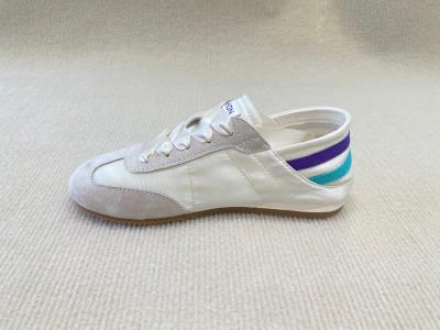 China Women flat satin sneakers with color bars and breathable with lace shoelace for sale