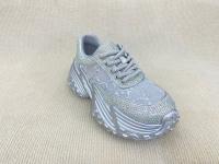 China Women silver leather sneakers with bling crystal and breathable mesh upper lacing for sale