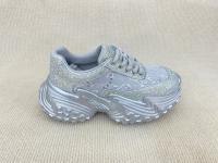 China Women silver leather sneakers with bling crystal and breathable mesh upper lacing for sale