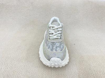 China Women white leather sneakers with bling crystal and breathable lace mesh heightening for sale