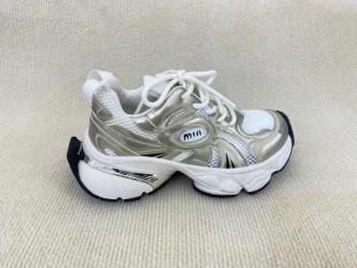 China Lacing PU Gold Leather Sneakers With Script Mesh Upper Women Sneakers for sale