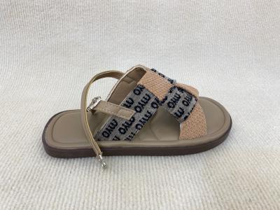 China Khaki Weave Flat Open Toe Flip Flops Womens With Buckles In Summer for sale