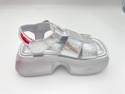China Women summer silver thick soled sandals with metal button genuine leather comfort for sale