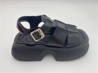 China Women summer black thick soled sandals with metal button genuine leather summer for sale