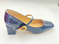 China Women black high heels with lacquer chunky heels and mental buckle closure for sale