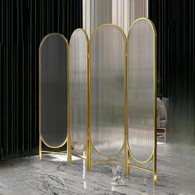 China Collapsible Rotatable 3 Panel Metal Room Divider with Art Glass - 1000×2000mm Stainless Steel Modern Screen for sale