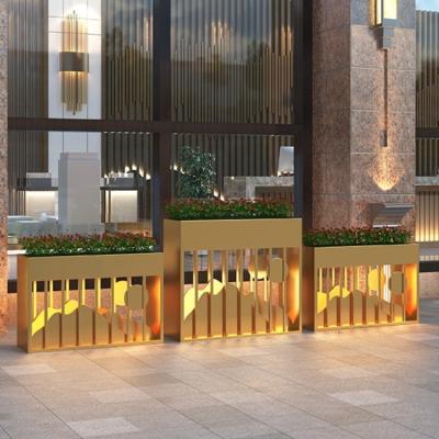 China Gold Hollow Out Metal Flower Planter Box Tall 600mm Stainless Steel with LED Light for sale