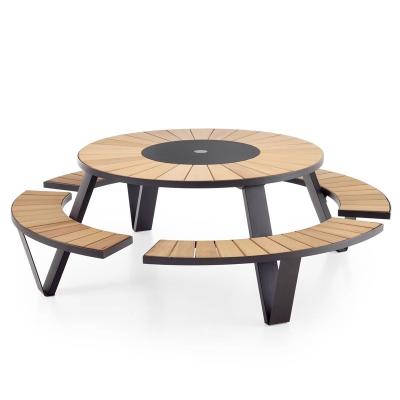 China Modern Round Wooden Picnic Table Bench with Durable Metal Frame Customizable Size for sale