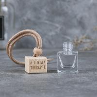 China 7ml Square Honeycomb Glass Hanging Car Air Freshener Bottle With Wood Lid Brown Rope for sale