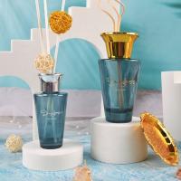 China Inverted Cone Decorative Reed Aroma Diffuser Glass Bottle 90ml With Wooden Cap for sale