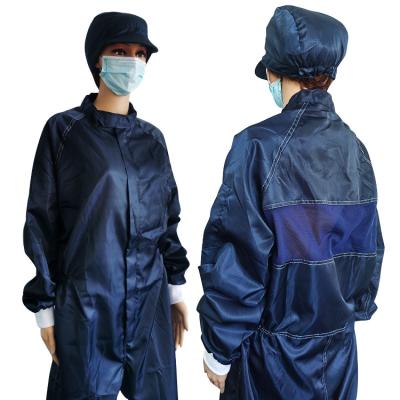 China 5mm Grid Dark Blue ESD Cleanroom Jumpsuit Coverall For Electronics Industries for sale
