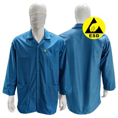 China Blue Washable Cleanroom ESD Smock Antistatic Clothes Garment with 96% Polyester +4% Carbon for sale