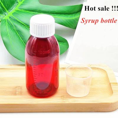China 120ml Amber PET Cough Syrup Bottle DIN28 Screw Cap Liquid Medicine Container for sale