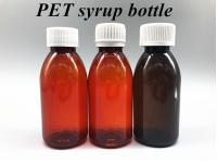 China 100ml 120ml 150ml PET Amber Round Medicine Cough Syrup Bottle with CRC Child Resistant Cap for sale