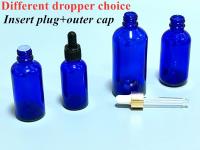 China 10ml 20ml 30ml 50ml Empty Boston Round Blue Essential Oil Glass Dropper Bottle with Dropper Cap for sale