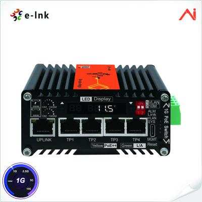 China 4-Port 10/100/1000Base-T IEEE802.3at PoE+ 30W to 1-Port 10/100/1000Base-T Uplink Mini Industrial AI Smart Managed PoE+ Ethernet Switch with Voltage Booster System for sale