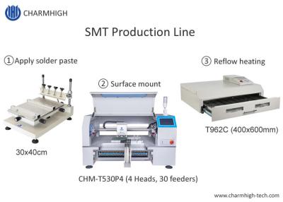 China CHMT530P4 4-Head SMT Pick and Place Machine with 3040 Stencil Printer and T962C Reflow Oven - 450x330mm PCB Capacity for sale