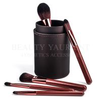 China Brown Wooden Handle Makeup Brushes 5 Piece Makeup Brush Set With Pu Cylinder for sale