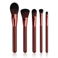 China Brown Wooden Handle Makeup Brushes 5 Piece Makeup Brush Set With Pu Cylinder for sale